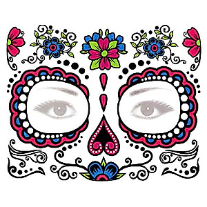 Day of Dead Face Tattoos, 6-Sheet Sugar Skull Tattoos Temporary Stickers and 3-Sheet Fake Floral Black Skeleton Web Full Face Mask Tattoo for Women Girls Kids Holloween Face Makeup