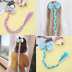 6Pcs Girls Colored Braids Hair Extensions with Rubber Bands, Rainbow Braided Hairpieces Hair Bows Wig Ponytails Kids Favor DIY Hair Accessories for Girls Gift Birthday Party Cosplay Daily Dress Up