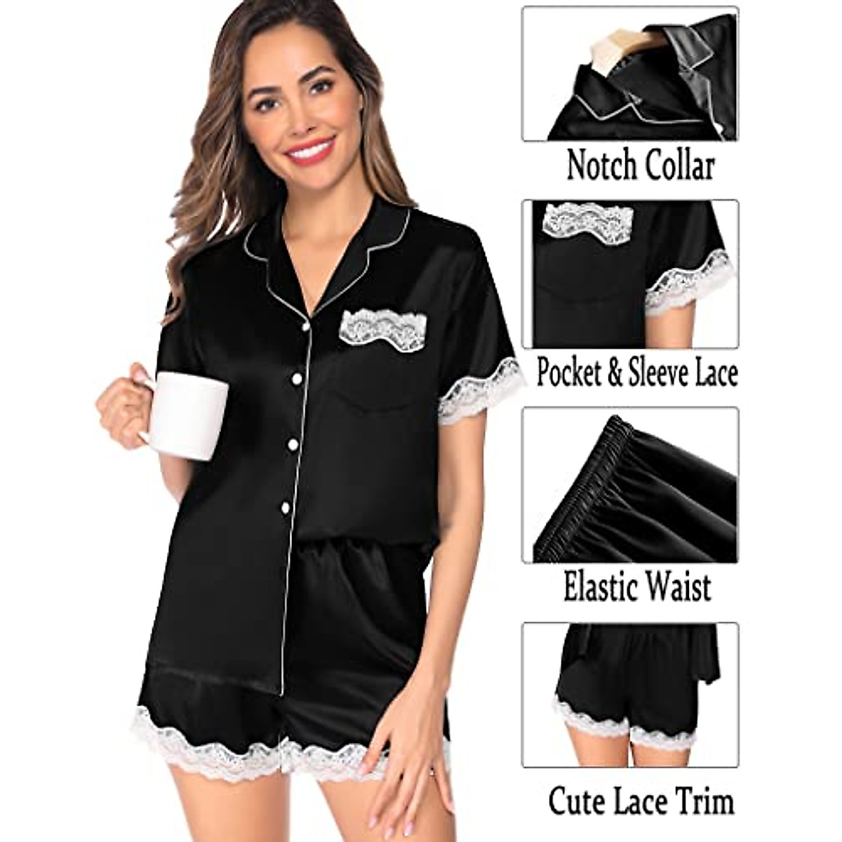 SWOMOG Women's Silk Lace Pajama Sets Satin Button Down Tops Pjs Lace Shorts Bottoms 2 Pcs Sleepwear Lounge Sets with Pockets Black