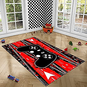 Jiospet Gamer Area Rug Gaming Rugs for Gaming Room Game Rugs for Boys Bedroom Living Room Playroom Floor Mats for Indoor Outdoor, Red Black, 4'×5'