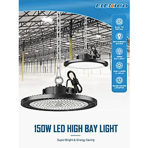 ELEKICO UFO Led High Bay Light 150W 5000K Shop Lights 21000Lm Daylight with Plug, UFO High Bay Lights for Garage Warehouse Workshop Factory Barn Logistics Center 6 Pack