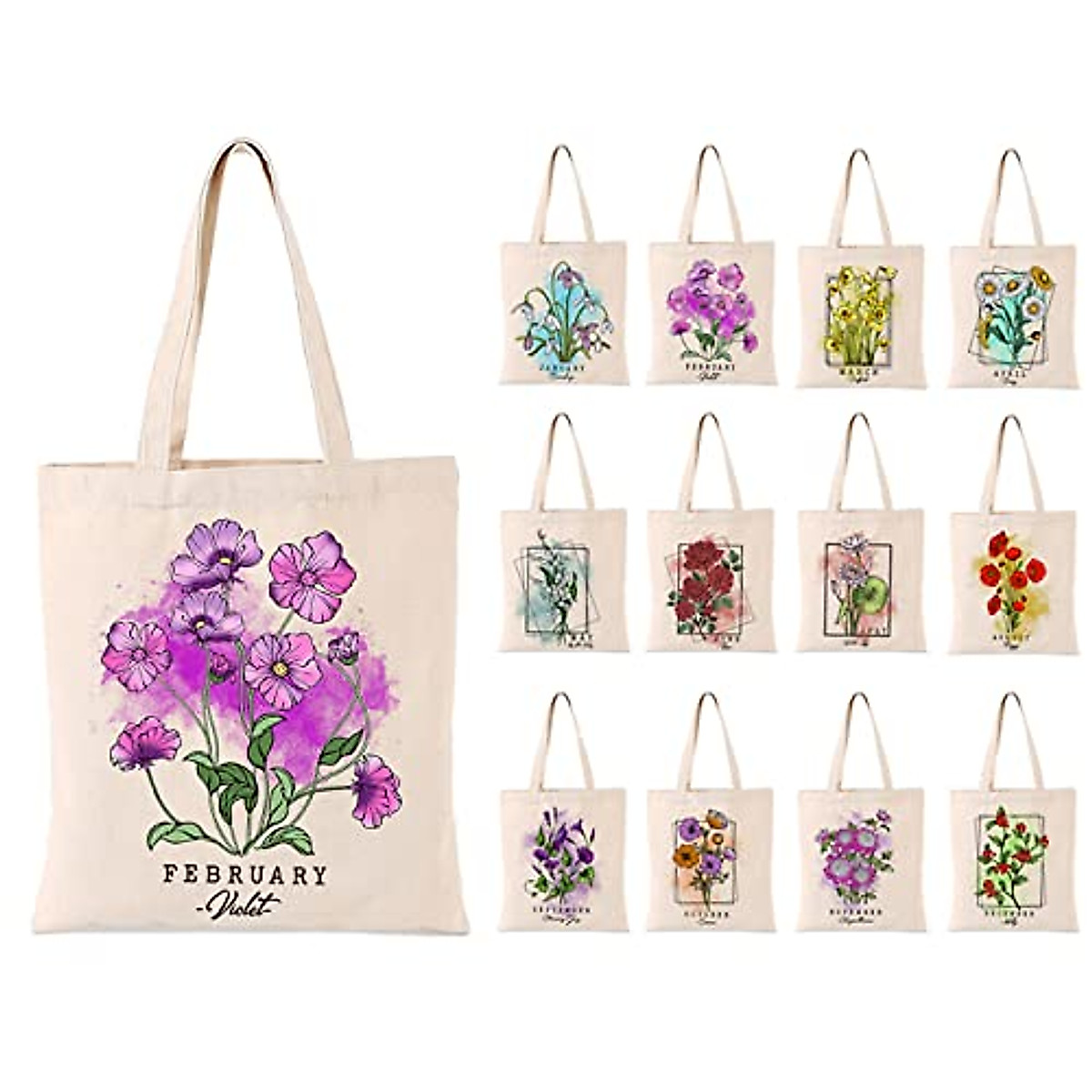 GZLDGIFTS Birth Month Flowers Canvas Tote Bag Birthday Gifts for Women Reusable Shopping Cloth Grocery Floral Tote Bags with Zipper Handles Christmas Wedding Favors Gift Beach Travel（Feb Violet）