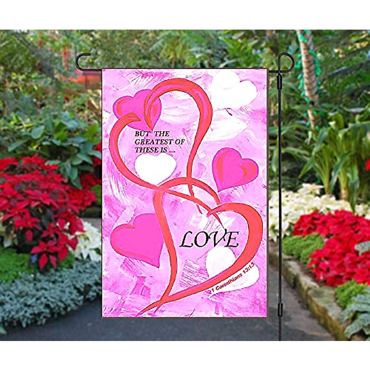 Valentine's Day Love Garden Flag - Pink Valentines Day Spring Welcome - Religious Bible Verse Yard flags - But the greatest of these is love - Double Sided by Jolly Jon
