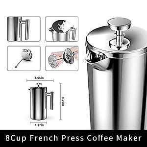 BINE French Press Coffee Maker, Stainless Steel 8 Cups 34oz Double-Wall Metal Insulated Coffee Tea Makers with 4 Level Filtration System, Rust-Free, Dishwasher Safe