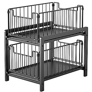 Pull-out Organizer 2 Tier Metal Under Sink Cabinet Organizer Sliding Drawer Home Storage Rack (Black)