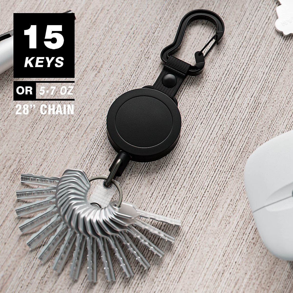 ELV Heavy Duty Retractable ID Badge Holder Key Reel with Adjustable Neck Lanyard, Zinc Alloy Carabiner, Key Ring, ID Badge Strap, 2 Pen Holders and Lobster Clip, 32” Dyneema Cord, Hold Up to 15 Keys