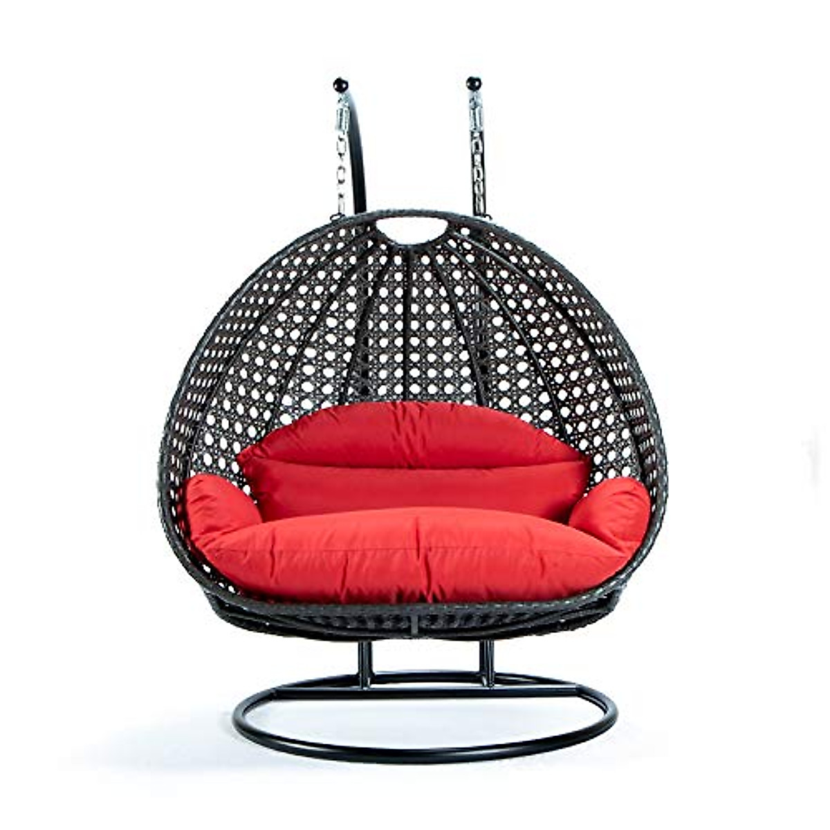 LeisureMod 2 Person Hanging Double Swing Chair, X-Large Wicker Rattan Egg Chair with Stand and Cushion for Indoor Outdoor Patio Garden (Red)