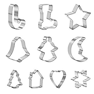 Christmas Cookie Cutters, 10 Pcs 2 Inches Stainless Steel for Xmas/Holiday/Party Supplies/Gifts-Snowflake, Bell, Christmas Tree, Star, Moon, Angle, Heart & More Cookie Cutters Christmas Shapes