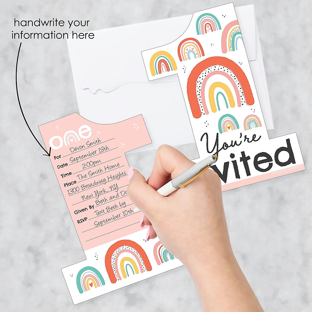 Big Dot of Happiness 1st Birthday Hello Rainbow - Shaped Fill-In Invitations - Boho First Birthday Party Invitation Cards with Envelopes - Set of 12