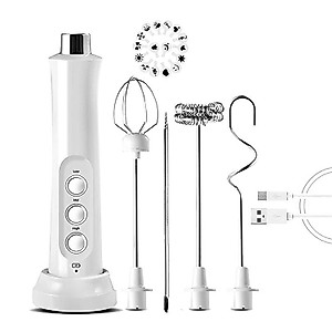 Handheld white milk frother, rechargeable, eletric- Comes with 3 interchangeable heads, stand, charging cable. Use for (milk, cappuccino, frappe, matcha, hot choclate, and so much more)