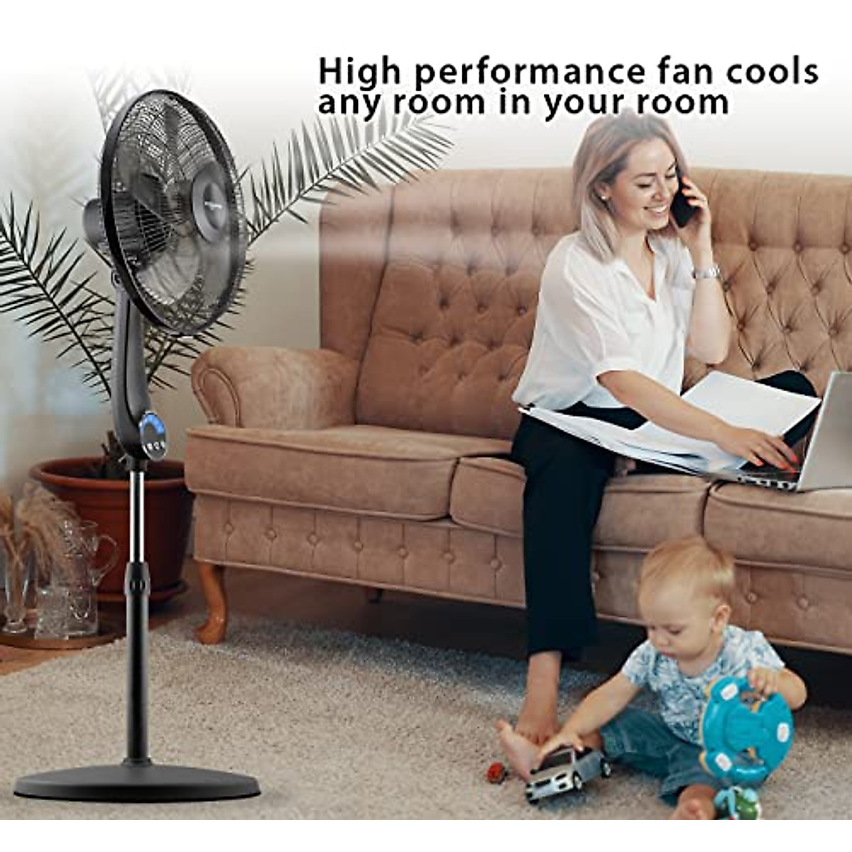Air Monster 16" 5-Blade, 5 Speed Adjustable Height Ultra Powerful Quiet Oscillating Standing Pedestal Fan with Remote Control, 7.5 Hour Timer, Stand Fan for Bedroom, Black