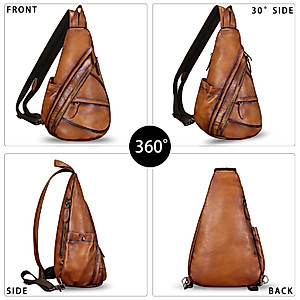 FEIGITOR Genuine Leather Sling Bag Retro Crossbody Backpack Handmade Chest Shoulder Hiking Daypack Cycling Purse Fanny Pack (Brown)
