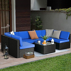Waleaf 7 Pieces Outdoor Furniture Rattan Sectional Patio Sofa, Outdoor Indoor Backyard Porch Garden Poolside Balcony Wicker Conversation Set with Table (Dark Blue)