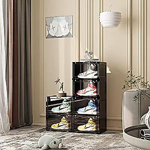 C&AHOME Clear Shoe Box, Clear Shoe Box Storage, Set of 6, Large Size Plastic Shoe Box with Magnetic Door, Shoe Organizer, Box Stackable for Display Sneakers, Fit Up to US Size 14''Black UCSBP06B