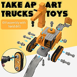 JIFTOK Constrcution Truck Toy Car for 3 4 5 6 7 8 Year Old Boys, Take Apart Toys with Electric Drill, Building Toy Playset with Excavator Toy, Tractor Toy for Kid 3-5 4-8 Christmas Birthday Gifts
