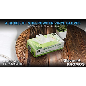 DISCOUNT PROMOS Non Powder Vinyl Gloves Set of 4, Bulk Pack - Each Box has 100 Disposable Gloves, For Cooking, Cleaning, Travelling, and Diaper Changing - Transparent White