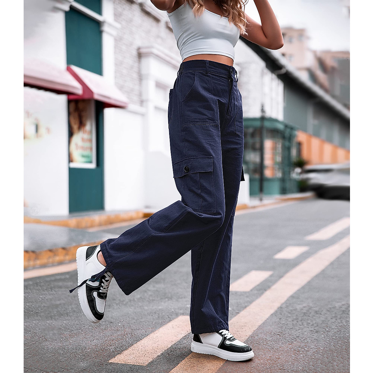 ZMPSIISA Women High Waisted Cargo Pants Wide Leg Casual Pants 6 Pockets Combat Military Trousers(Navy,Medium)