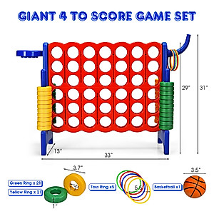 HONEY JOY Jumbo 4-to-Score Giant Game Set, 3-in-1 Indoor Outdoor Family Yard Game Set w/Basketball Hoop & Ring Toss, 42 Jumbo Rings, Quick-Release Slider, Giant 4-in-A-Row for Kids & Adults