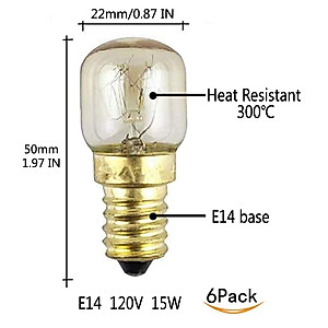 CTKcom 15W E14 Base 4173175 Oven Light Bulbs(6 Pack)- Microwave Light Bulbs 120V Heat Resistant Bulbs 300'C,Warm White Incandescent Light Bulb 360° Beam Angle,110-130V,6 Pcs