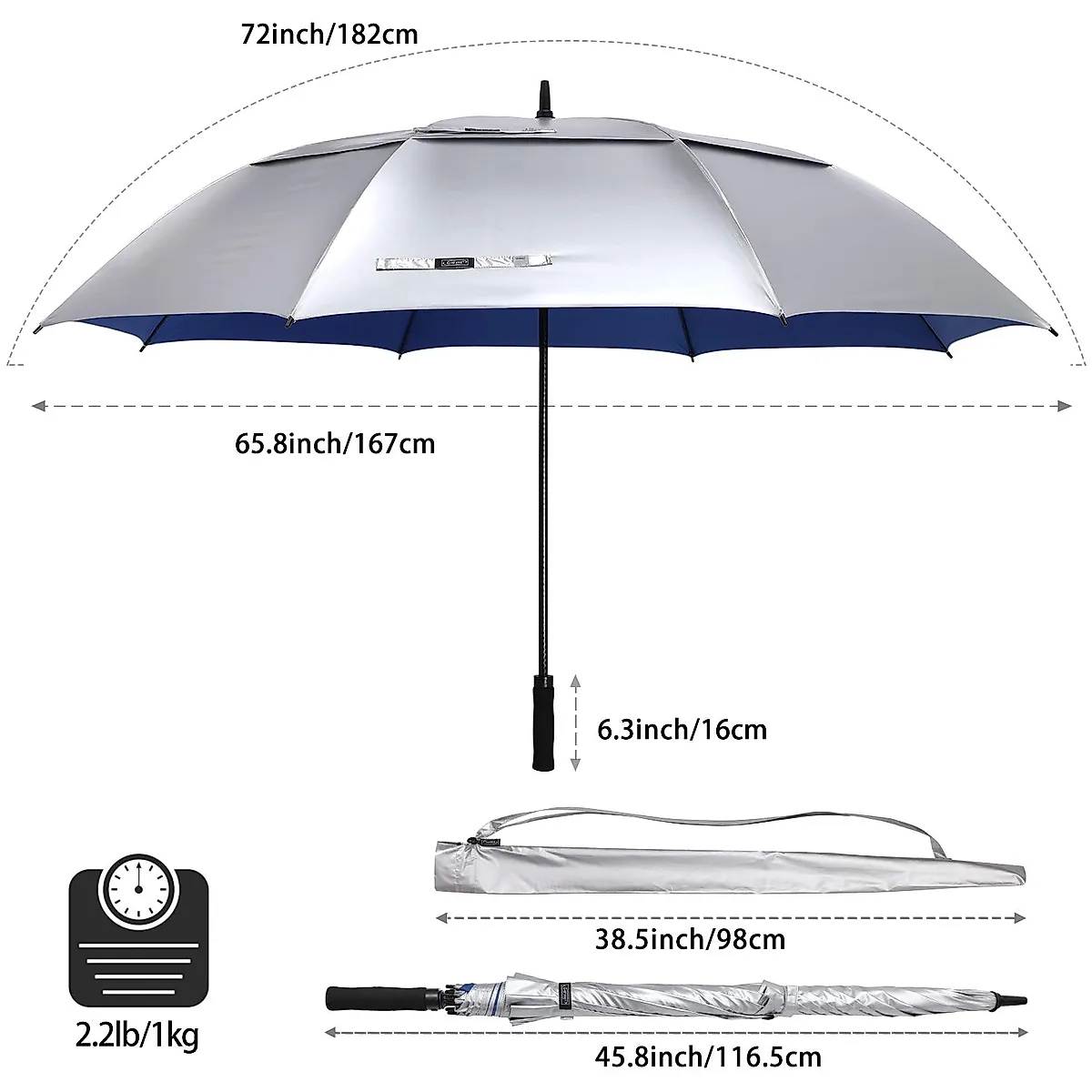 G4Free 72 Inch Huge Golf Umbrella UV Protection Auto Open Windproof Umbrella Oversized Extra Large Vented Double Canopy for Family (Silver/Blue)