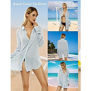 TOUSYEA Sleep Shirts for Women Button Down Shirts Long Sleeve Sleepwear Swimsuit Cover Ups Soft Pajama Tops Light Blue M
