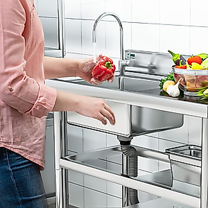 YITAHOME Kitchen Sink Stainless Steel Single Bowl Freestanding Commercial Sink with Drainboard for Restaurant, Utility Sink w/Workbench & Double Storage Shelves for outdoor 39" W x 20" D x 37" H