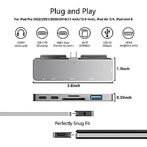 iPad Pro USB C Hub, 4K 60Hz HDMI 7-in-1 Adapter for iPad Pro M2 12.9 11 inch iPad Air 5 Docking Station, USB-C PD, SD/TF Card Reader, USB 3.0, 3.5mm Headphone Jack, iPad Mini 6 Accessories