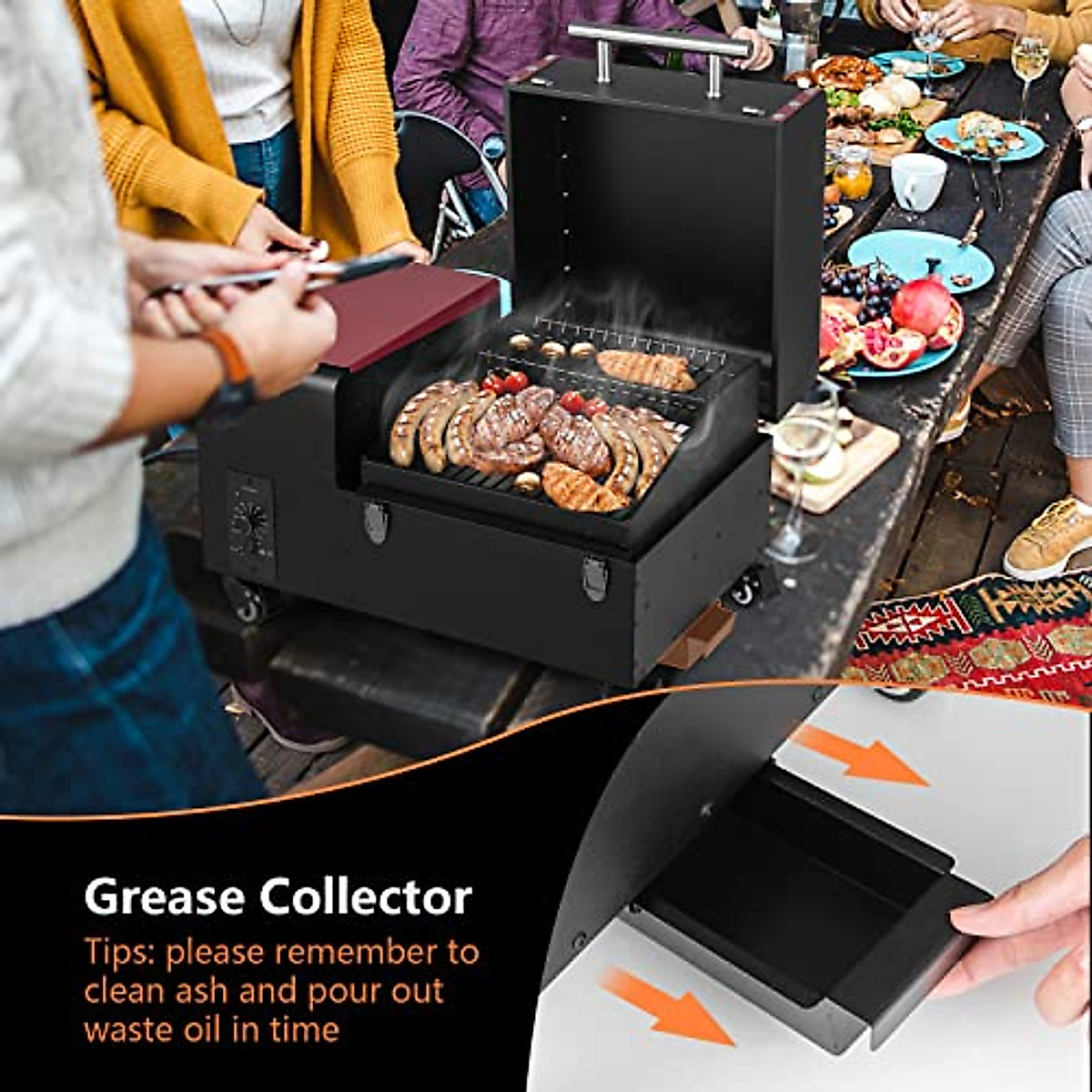 Giantex Portable Pellet Grill Smoker with 2-Tier Grills, 4 Lockable Casters, Auto-feed System, Temp 150°F to 450°F, Meat Probe, Outdoor Tabletop Wood Pellet Grill for BBQ Camping RV Cooking