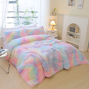 chovy Kids Girls Faux Fur Rainbow Comforter Sets Twin/Full - 3PC Bed Set Soft Warm Comfortable Classical Rabbit Plush Velvet Flannel Fluffy Fuzzy Bedding（Comforter x 1 Pillowcases x 2）