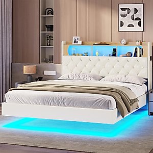 BTHFST Queen Floating Bed Frame with Storage Headboard & LED Lights & Charing Sation, Upholstered Headboard RGB LED Floating Bed with USB-C/A Charging Station, No Box Spring Needed, PU White