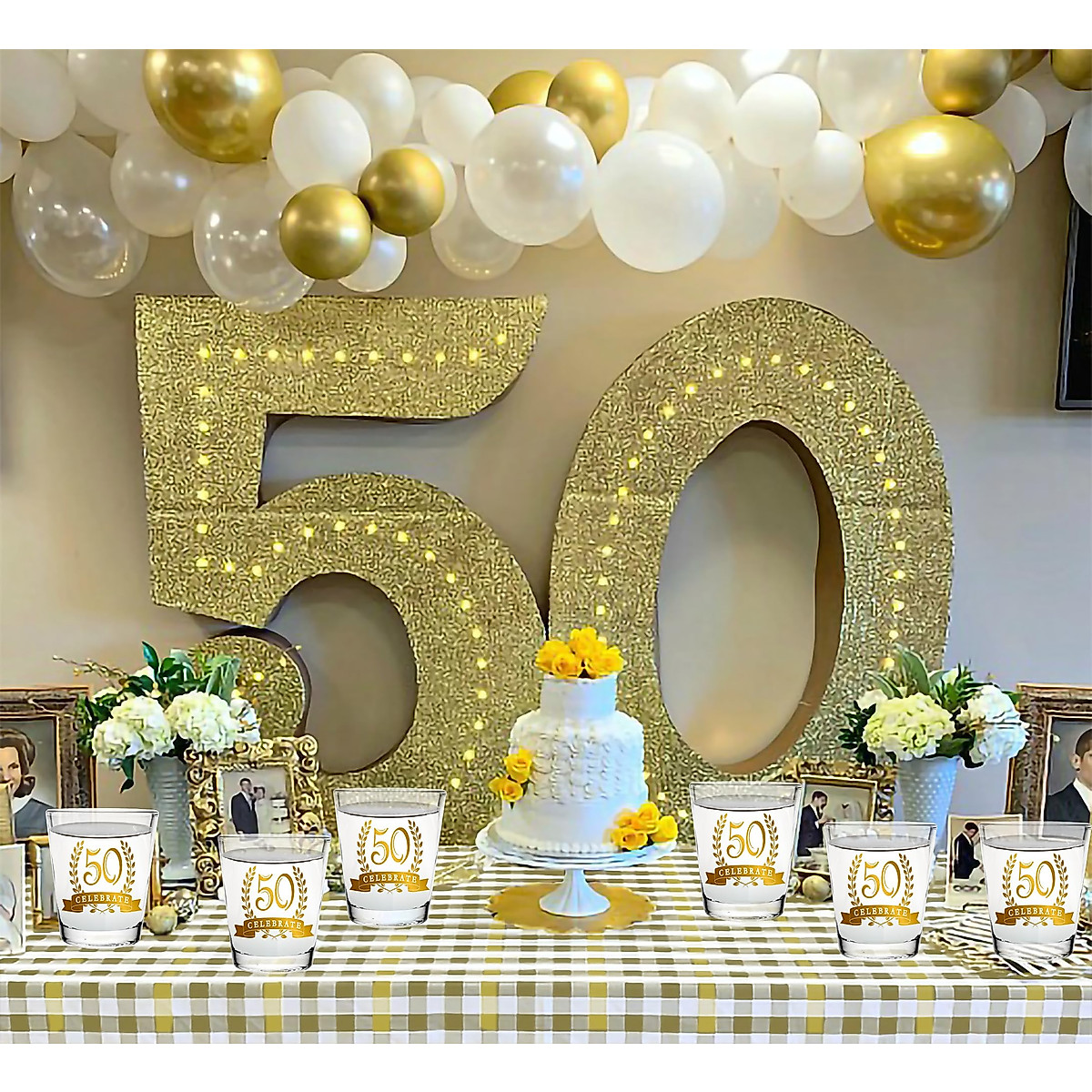 Bisyata 50th Birthday Shot Glass Gift Set for Women Men - 50 Birthday Party Decoration - 50th Gold Anniversary Table Decoration or Gift - 2oz Set of 6 - With Gift Box