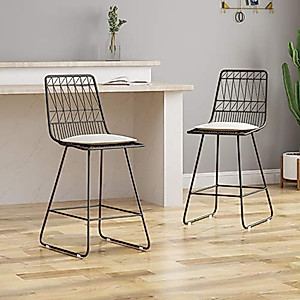Great Deal Furniture Hedy Outdoor Counter Stools, 26" Seats, Modern, Geometric, Gray Iron Frames with Ivory Cushion (Set of 2)