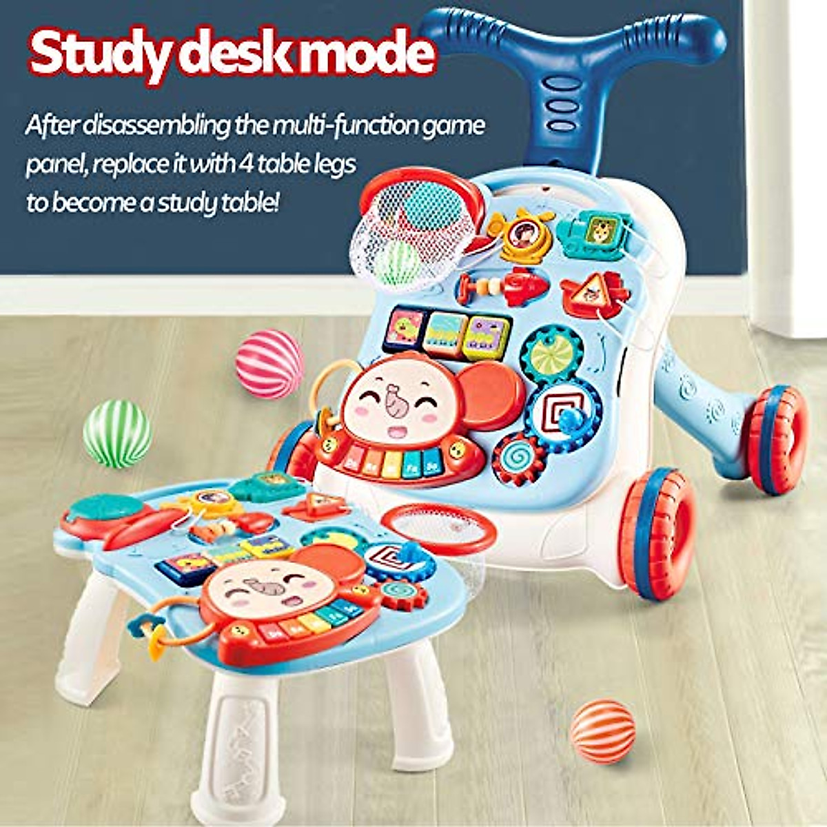 Baby Learning Walker Sit-to-Stand Baby Walker with Wheels Entertainment Table Kids Early Educational Activity Center, Baby Push Walkers for Boys and Girls (Blue White)
