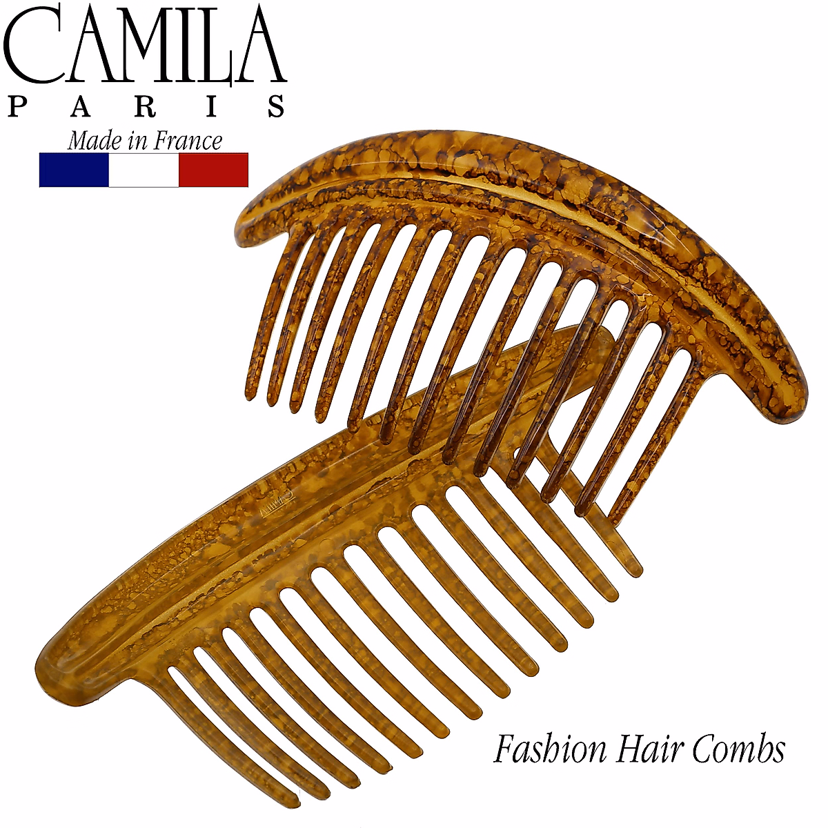 Camila Paris CP3329 French Hair Side Combs Amber Interlocking Combs French Twist Hair Combs, Strong Hold Hair Clips for Women Bun Chignon, Up-Do Styling Girls Hair Accessories Made in France