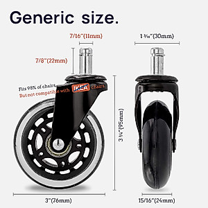 Office Chair Wheels Replacement Rubber Chair Casters and Desk Chair Mat, Safe for Hardwood Floors and Tile, 3 Inch Heavy Duty Casters, Set of 5, Fits Most Chairs