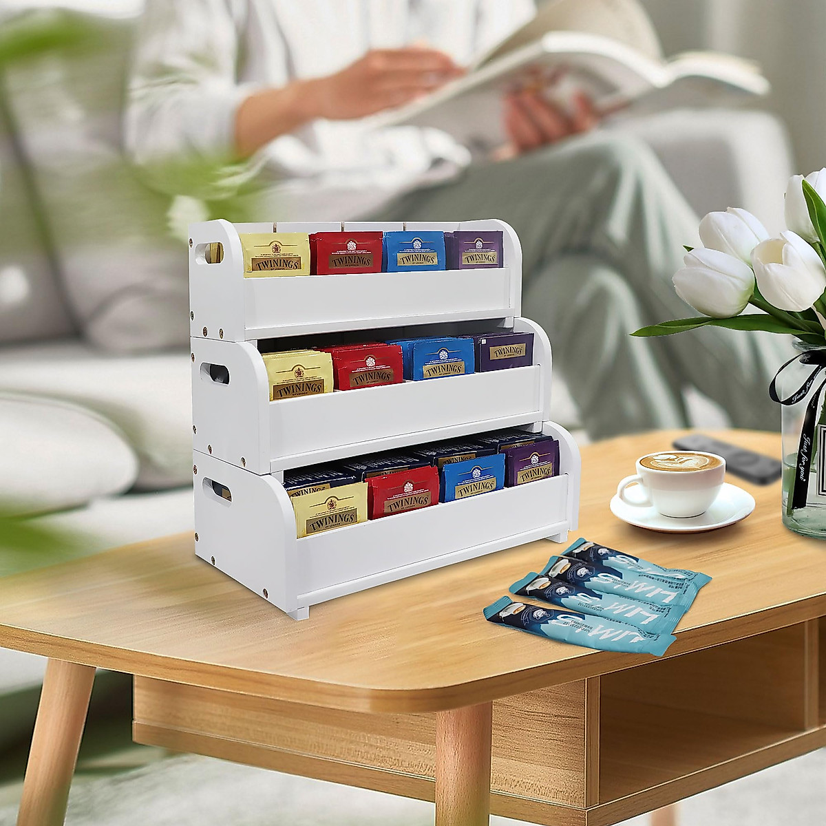 Tea Bag Storage Organizer Box - Bamboo Tea bags Holder 3-Tier Stackable Wall Mount Large Capacity Tea Caddy Containers for Pantry Countertop Kitchen Counter Cabinet Office (White)