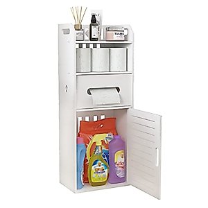 Wider Small TP Toilet Paper Storage Cabinet, Slim Bathroom Corner Storage Cabinet with Door and Tissue Dispenser, Waterproof and Durable, Freestanding, (White, Wider with Removable TP Roller)