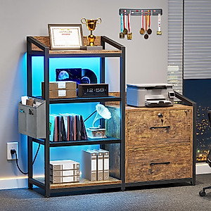 SEDETA 35.4” File Cabinet, Filing Cabinet fits Letter/A4 Size, 2 Drawe File Cabinets for Home Office with Power Strip, LED Lights, Lock, Open Shelf, Rustic Brown