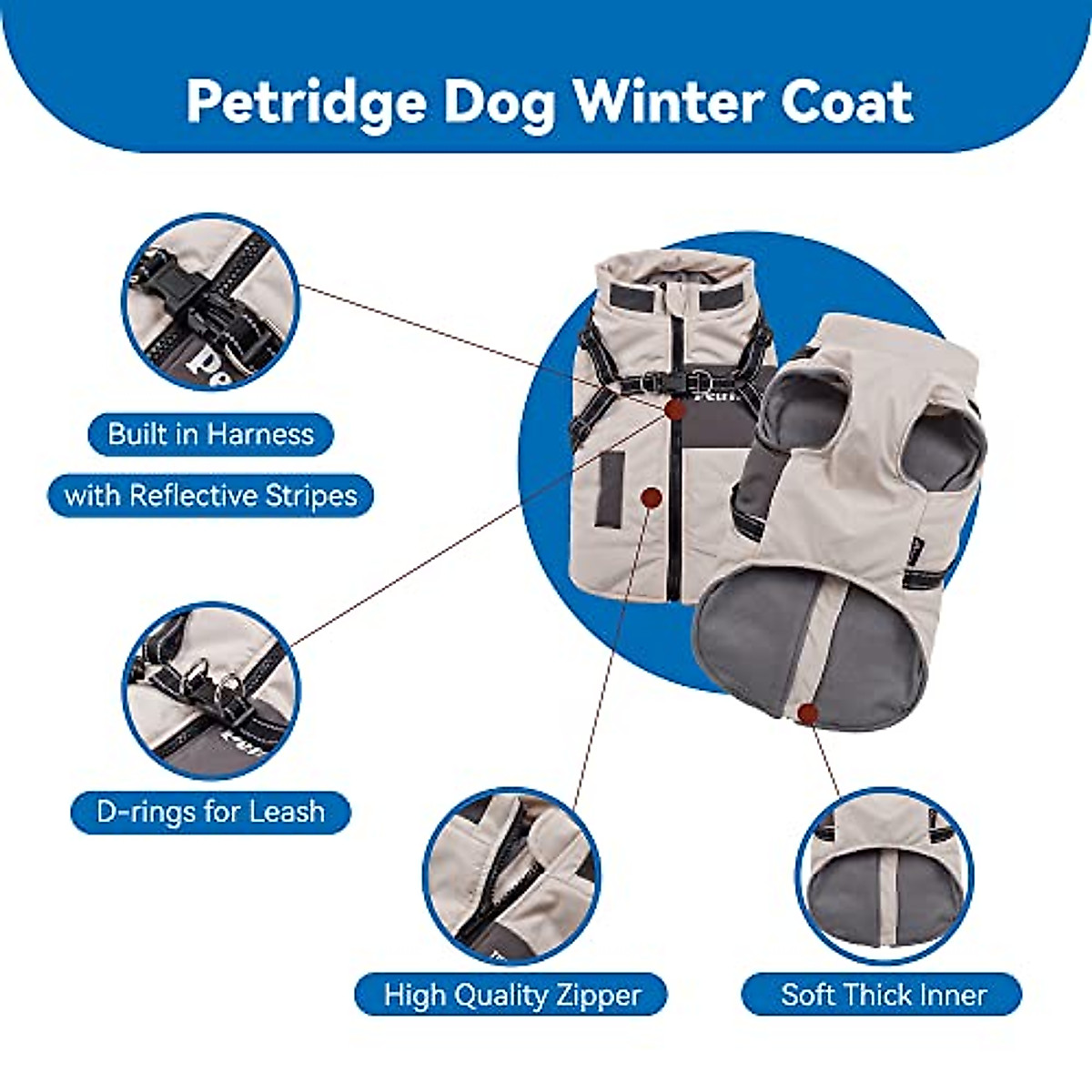 Petridge Dog Clothes with Harness Warm Winter Coat Cold Weather Coats for Puppy Small Medium Dogs (Beige L)