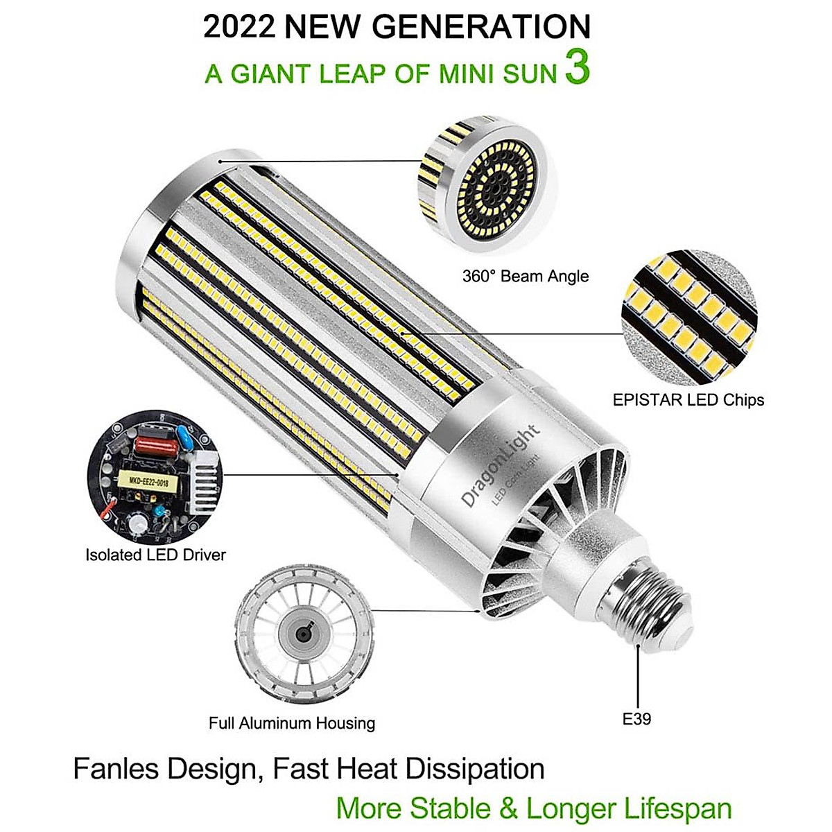 DragonLight 240W Commercial Grade Corn LED Light Bulb Fanless(1000 Watt MH/HPS Replacement) E39 Large Mogul Base LED Lamp 5000K Daylight 32,400Lumen