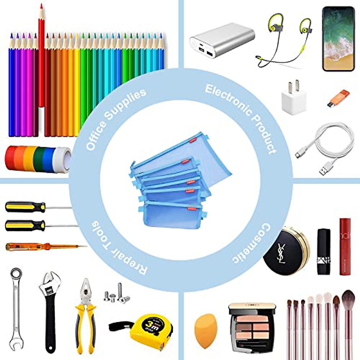 Desktop Calculator and 5pcs Mesh Zipper Pouch Bundle, 12-Digit Battery Solar Powered LCD Display Big Button Calculator, A4 A5 A6 Lightweight Nylon File Folders Document Organizer Cosmetic Bags