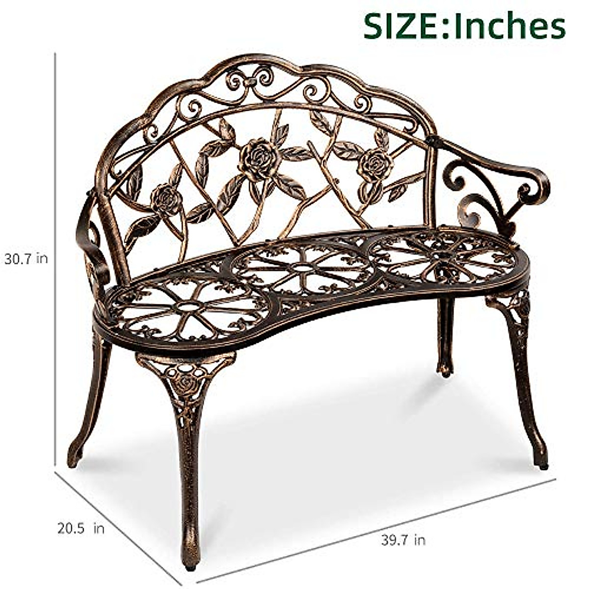Payhere Garden Benches for Outdoor, 39.7 in Antique Designed Metal Rose Carving Front Porch Bench, Cast Iron Cast Bronze Frame Antique Finish, Durable Patio Park Decor Leisure Bench for 2 Person Seat
