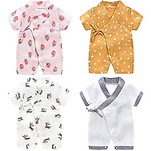 PAUBOLI Baby Kimono Robe Newborn Cotton Yarn Bodysuit Romper Infant Japanese Pajamas 0-24 Months (6-12 Months, Cat)