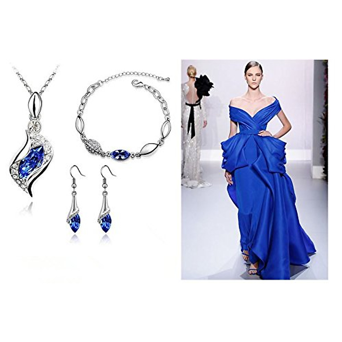 Graces Dawn® Beautiful Cubic Zirconia with Platinum Plated Chain Necklace Angel Elf Pendant Mosaic crystal Necklace bracelet and earrings set Necklace 18" (Royal blue)