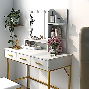 Vanity Table with Lighted Mirror, 3 Drawers Makeup Desk Dressing Table with Lots Storage Vanity Set with Wider Cushioned Stool for Bedroom (White)