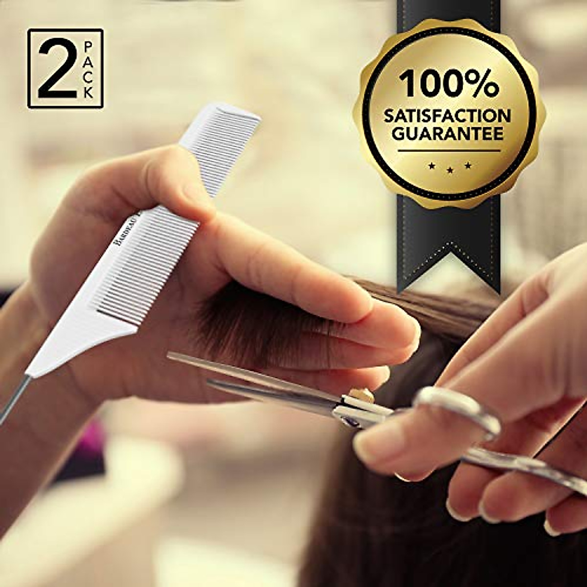 8.8 Inch White Metal Tail Comb (2 Pack) Carbon Fiber and Stainless Steel Pintail | Lightweight | Rat Tail Styling Combs for all Hair Types | Fine Tooth Teasing Comb Set (White 2 Pack)