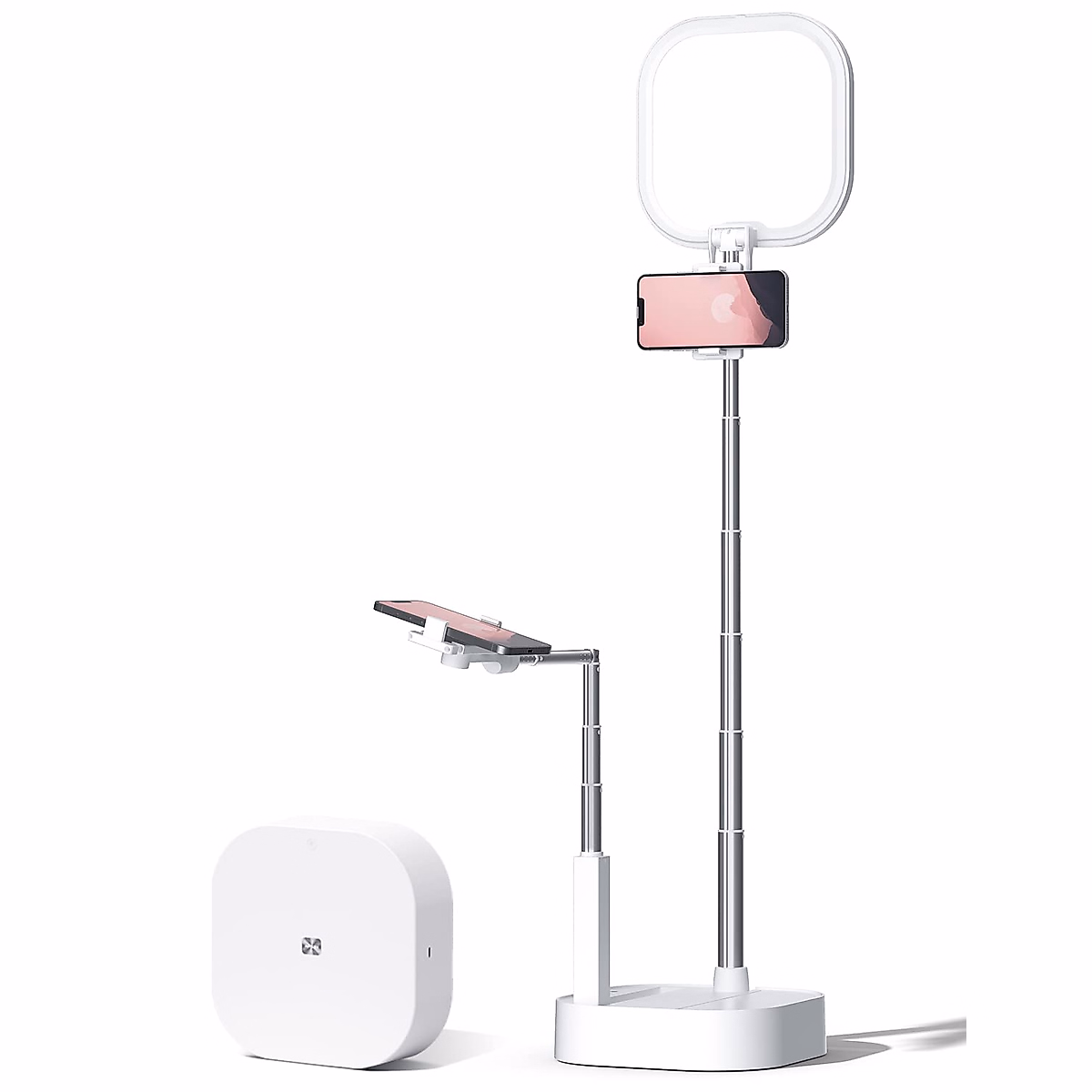 Viozon Extendable Selfie Stand,Height&Angle Adjustable,Overhead 360° Rotate,2 Phone Holders,Rechargeable Wireless Foldable 15 Brightness LED Light for Live Streaming/YouTube/Tiktok/Video/Makeup