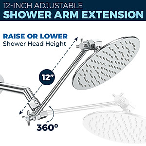 HammerHead Showers® ALL METAL 12 Inch Shower Head Extension Arm - Adjustable Shower Arm Extension Raises Showerhead Height - Shower Extender Arm Supports up to 10lbs — Chrome