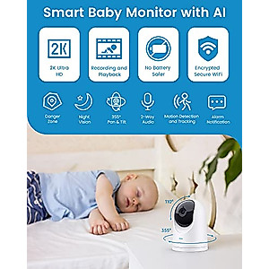Baby Monitor - 2K Ultra HD Video Baby Monitor with Camera and Audio - Baby Camera Monitor WiFi Smartphone with Night Vision, Video Recording, App Control, Motion Detection/Tracking, 2-Way Audio