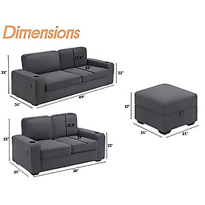 VanAcc Sofa, 2 Piece Set with Storage Ottoman, Modern Couches with Cup Holders & USB Charging Ports, 3 Seater Sofa and Loveseat- Charcoal Grey Chenille Couches for Living Room